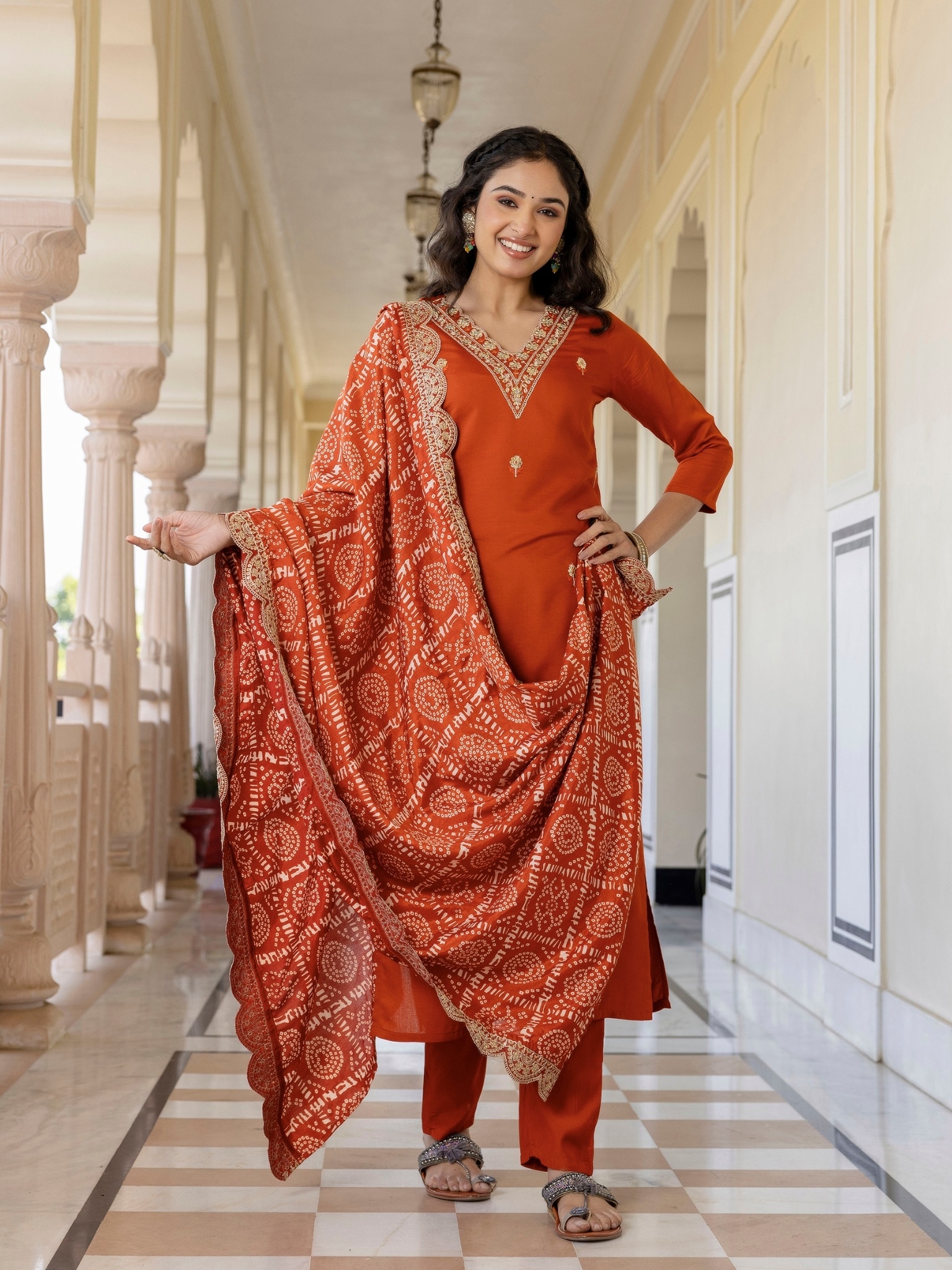 Buy Rust Embroidered Viscose Kurta Set With Viscose Pants & Silk Blend ...