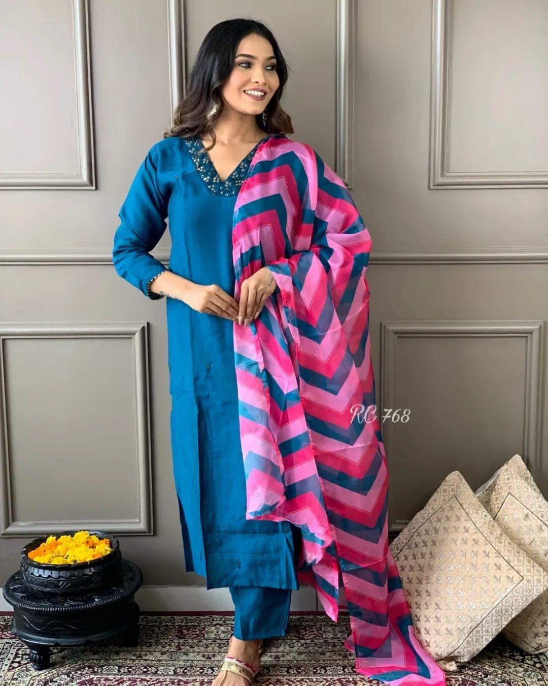 Buy Blue Rayon Slub Embroidered Straight Kurta With Rayon Slub Pant And ...