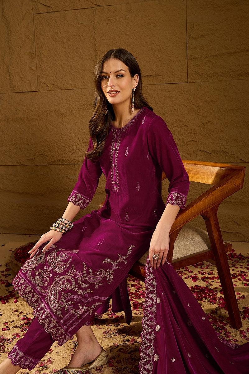 Buy Pink Velvet Solid Embroidered Straight Trousers Suit Set | Vaamsi