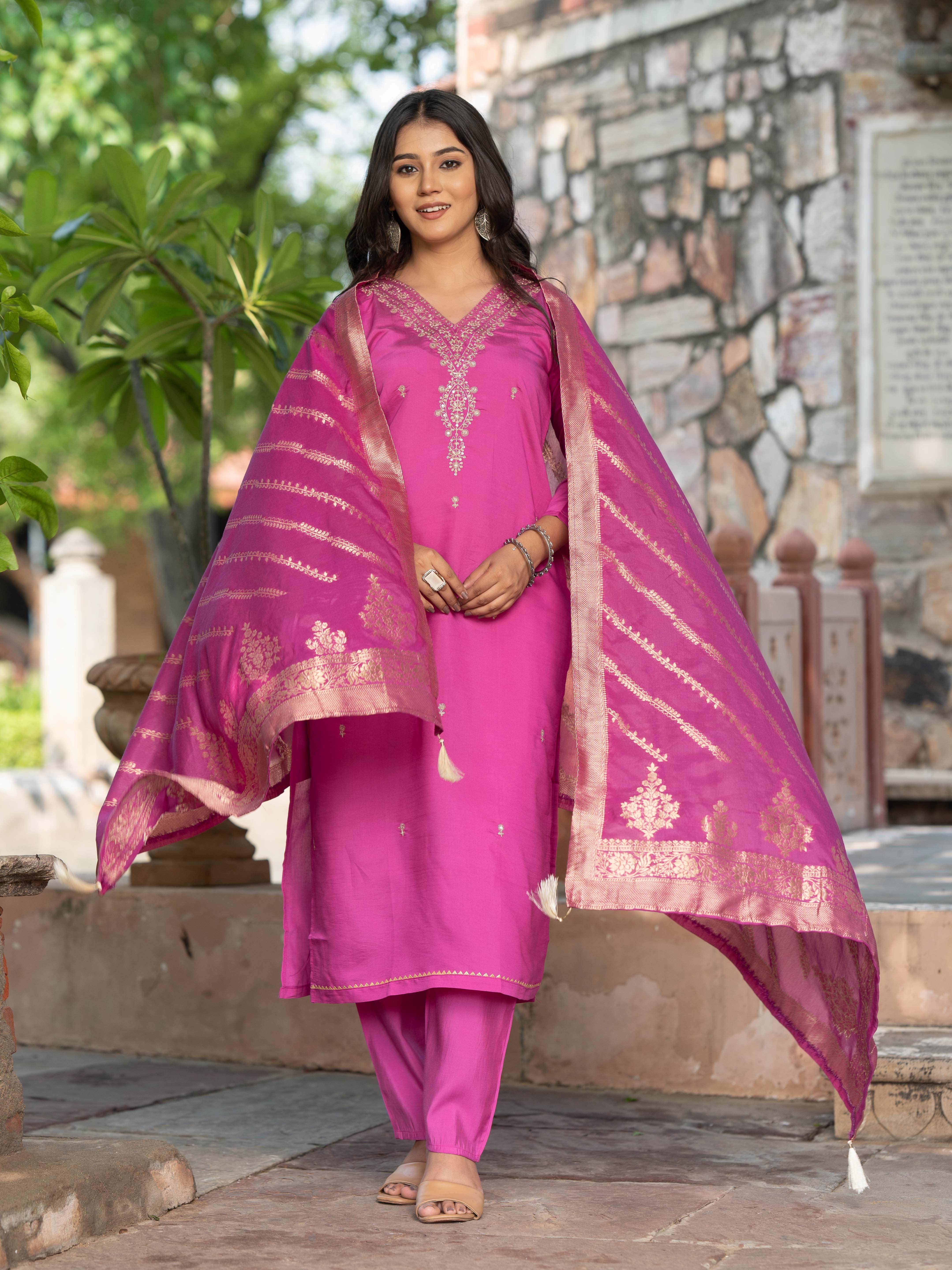 Buy Pink Viscose Silk Embroidered Straight Kurta With Viscose Pant ...