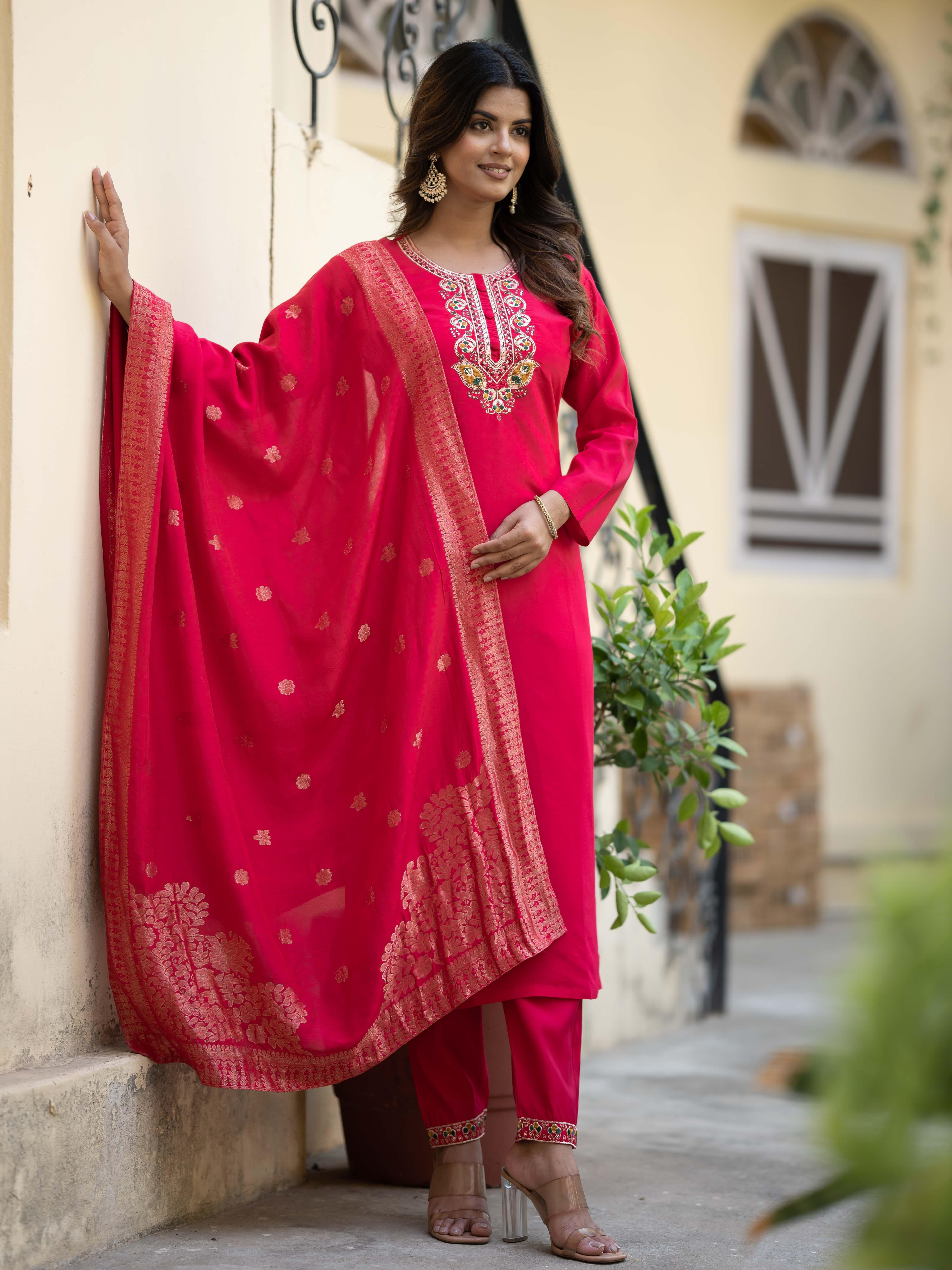Buy Gajri Viscose Silk Embroidered Kurta With Chanderi Pant & Jacquard ...