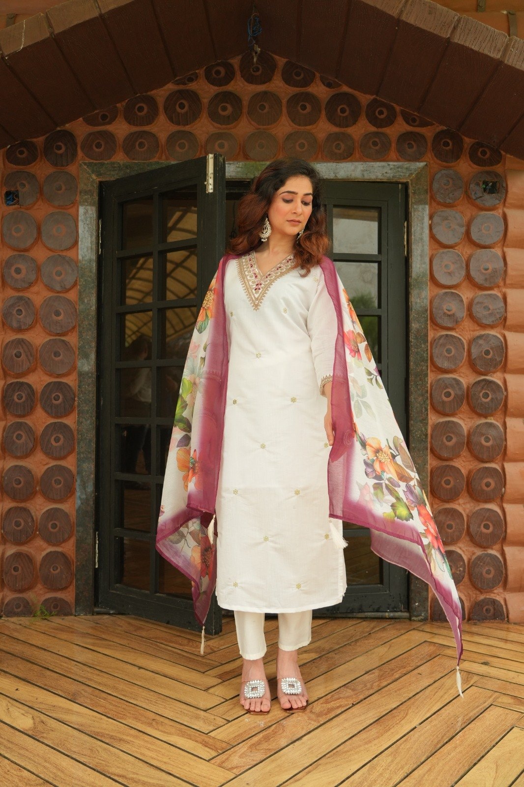 Buy White Roman Silk Embroidered Straight Kurta with Roman Silk Pant ...