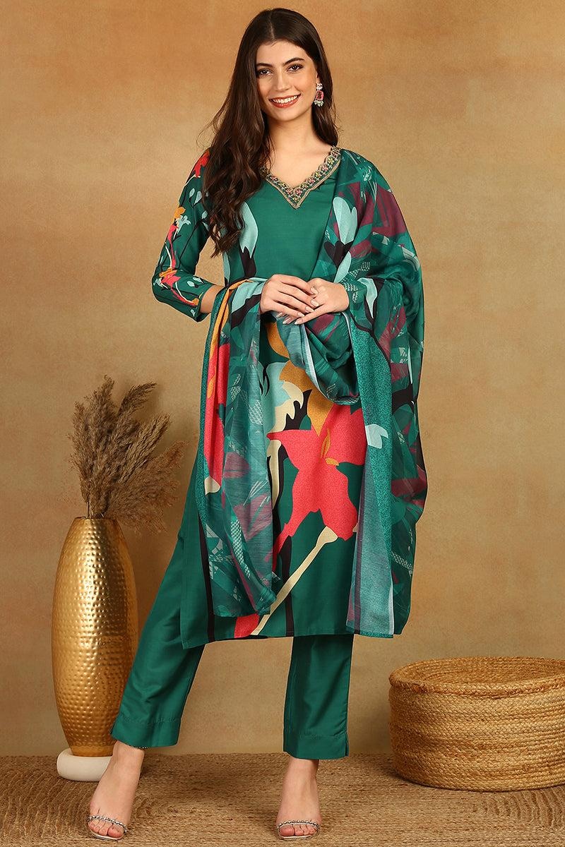 Buy Green Rayon Blend Floral Printed Straight Trouser Bottom Suit Set ...