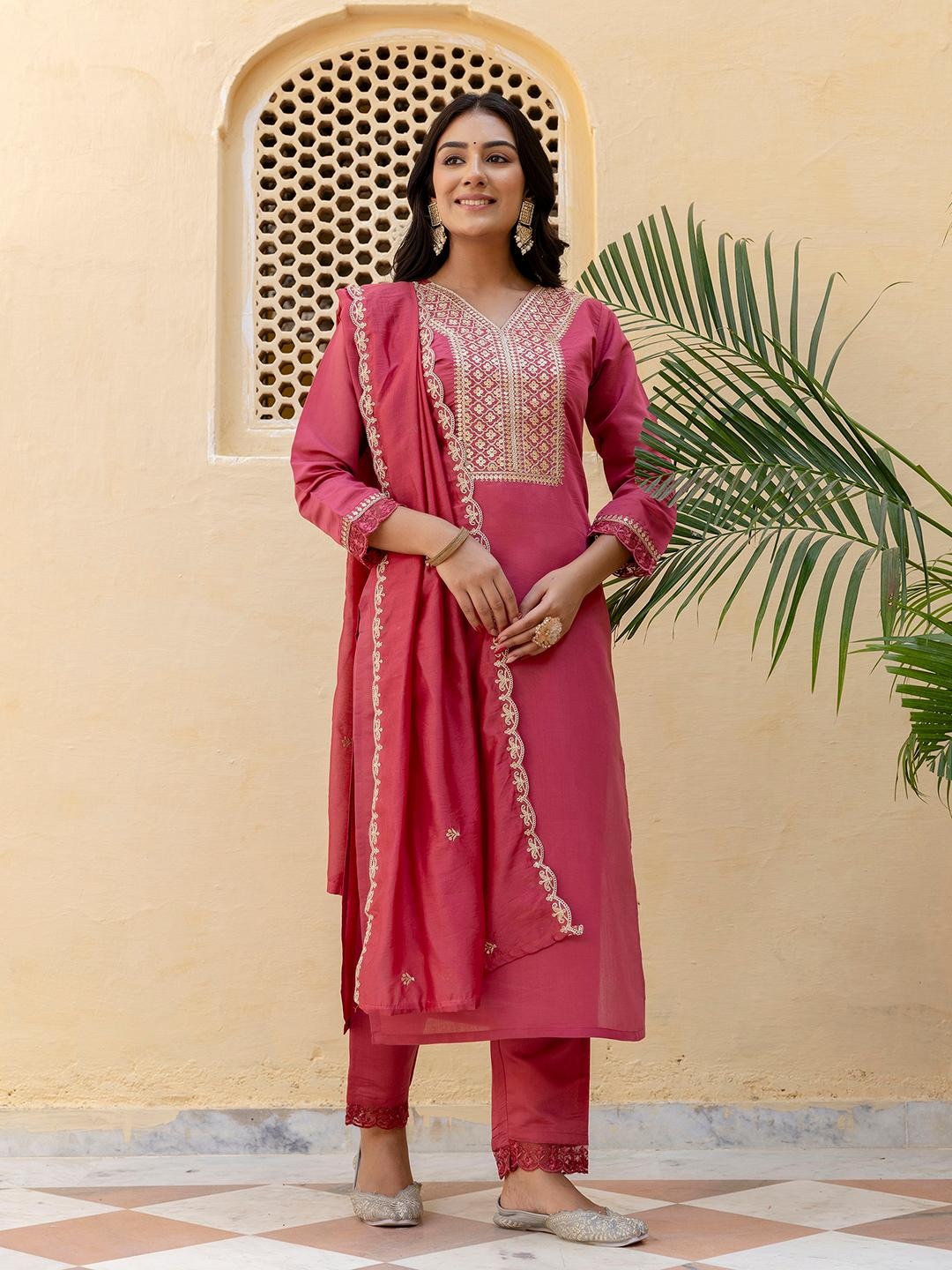Buy Pink Chanderi Viscose Embroidered Straight Kurta With Chanderi ...