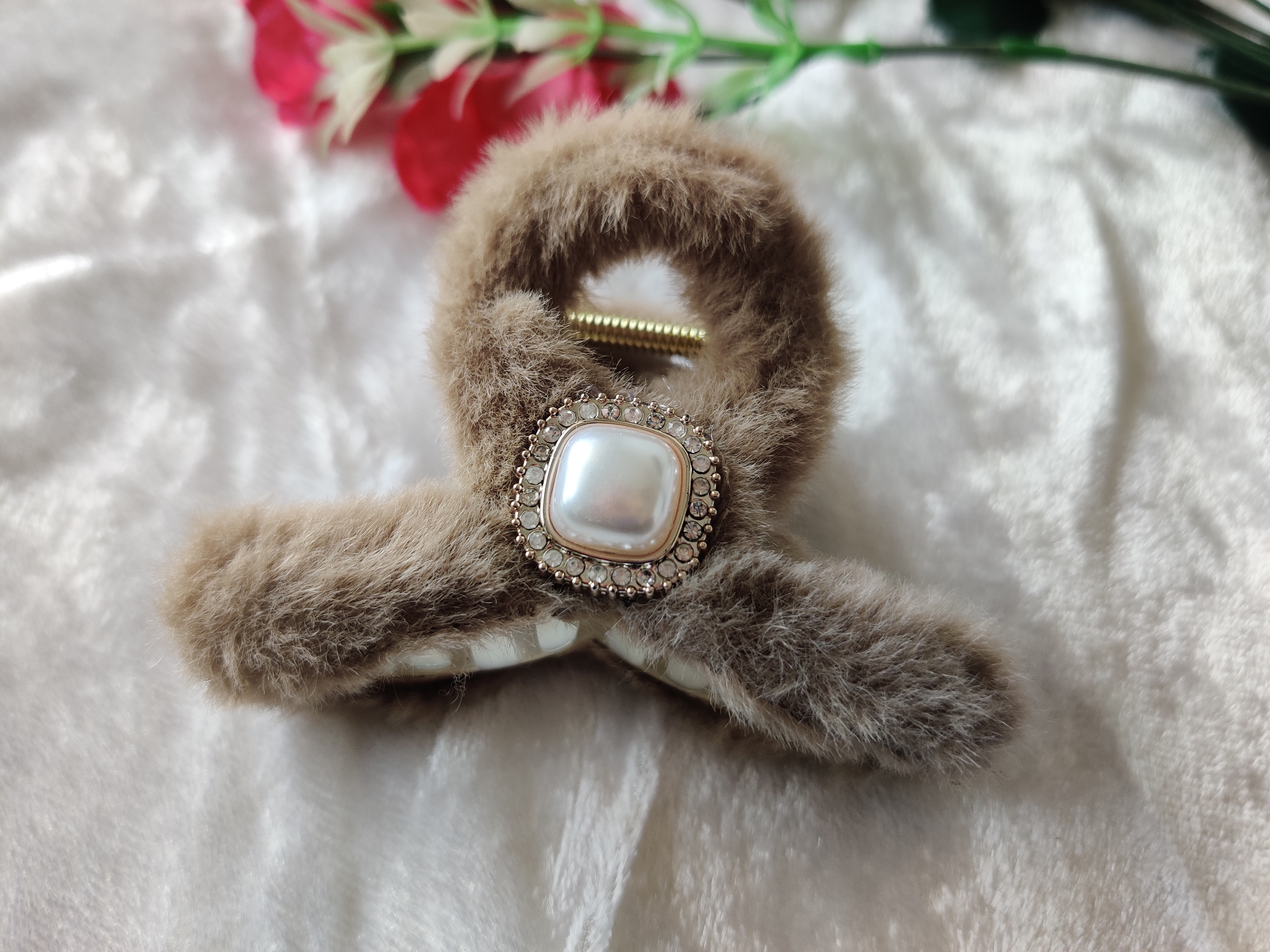 Buy Korean-Style Faux Fur Hair Clip with Pearl Accent | GlamNgrace