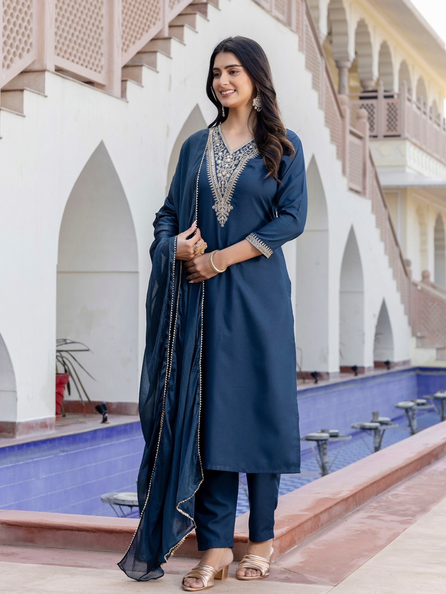 Buy Blue Rayon Embroidered Straight Kurta With Rayon Pant And Silk ...