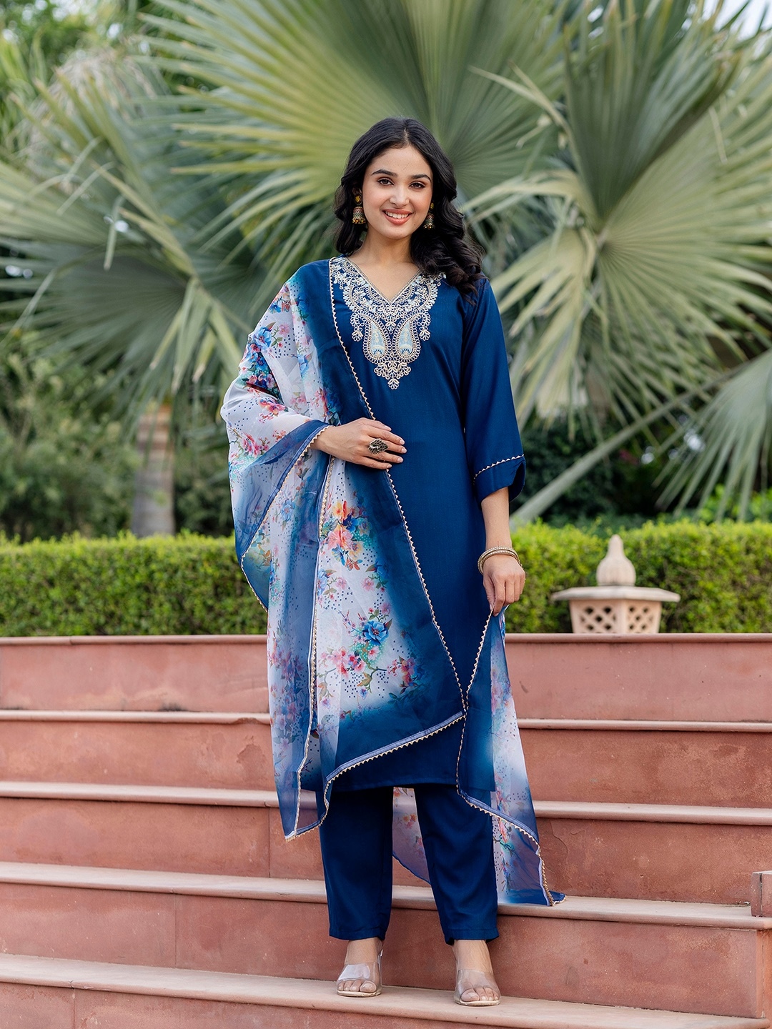 Buy Blue Rayon Slub Embroidered Straight Kurta With Rayon Slub Pant And ...