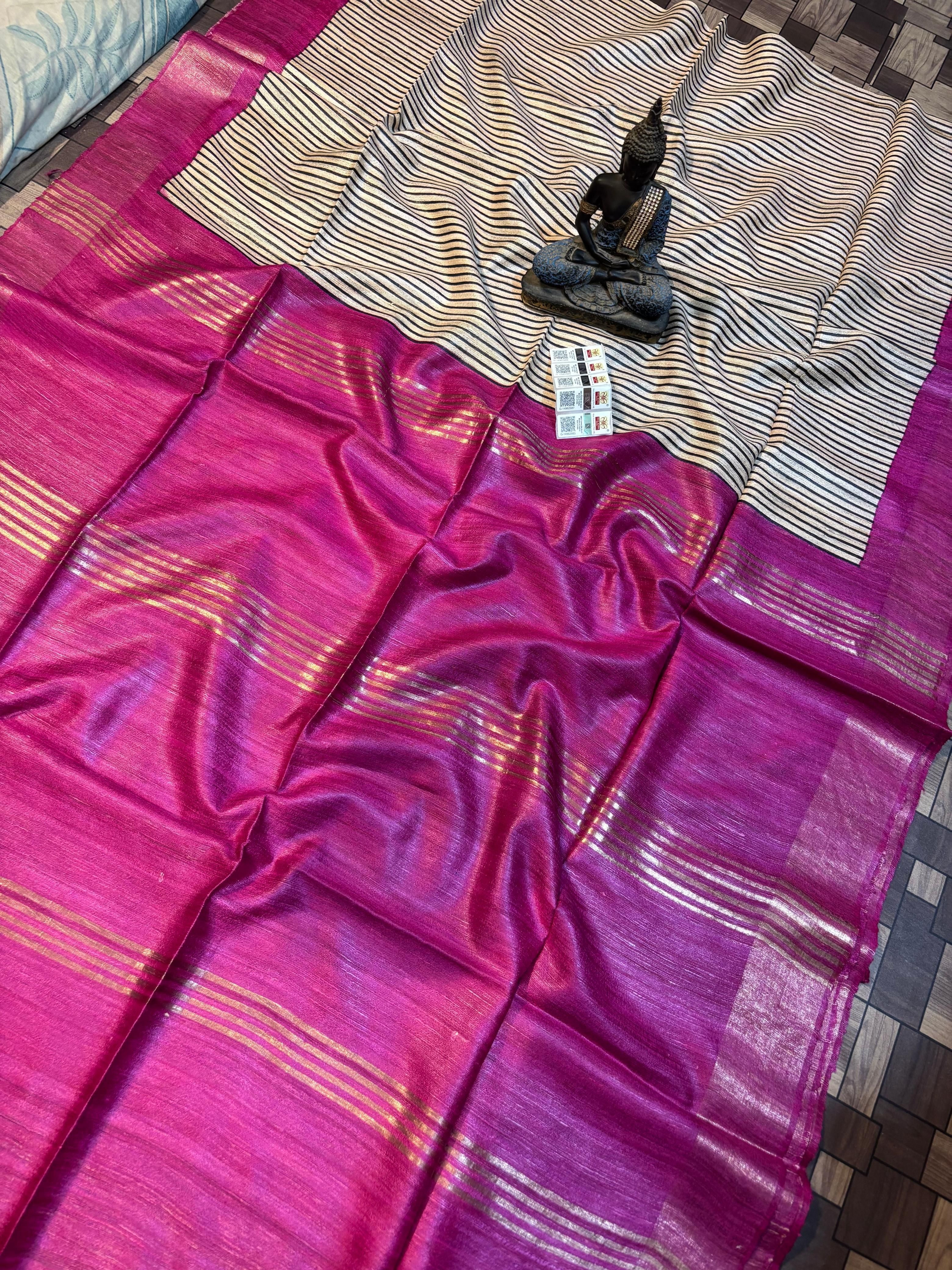Buy WeaveTrends Pure Tussar Ghicha Silk Saree with Screen Print ...