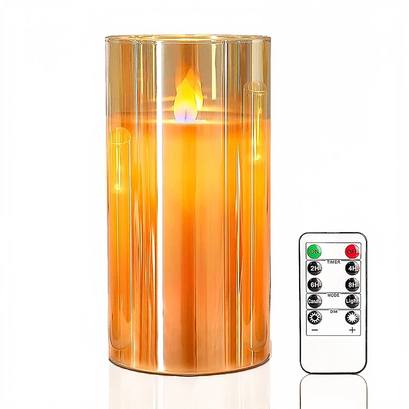 Buy Amber LED Glass Pillar Candle with Remote, 6" x 3" | LTETTES