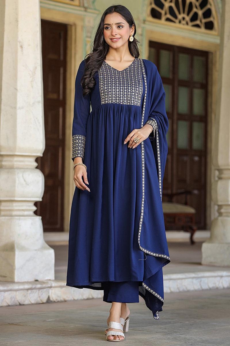 Buy Navy Blue Georgette Sequinned Flared Suit Set | Vaamsi