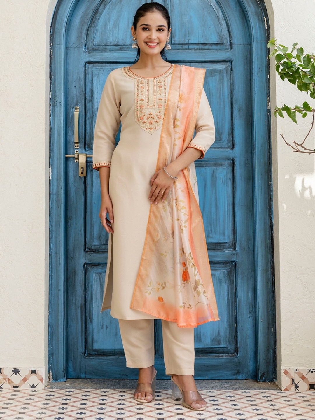 Buy Cream Rayon Embroidered Straight Kurta With Rayon Pant & Chinon ...