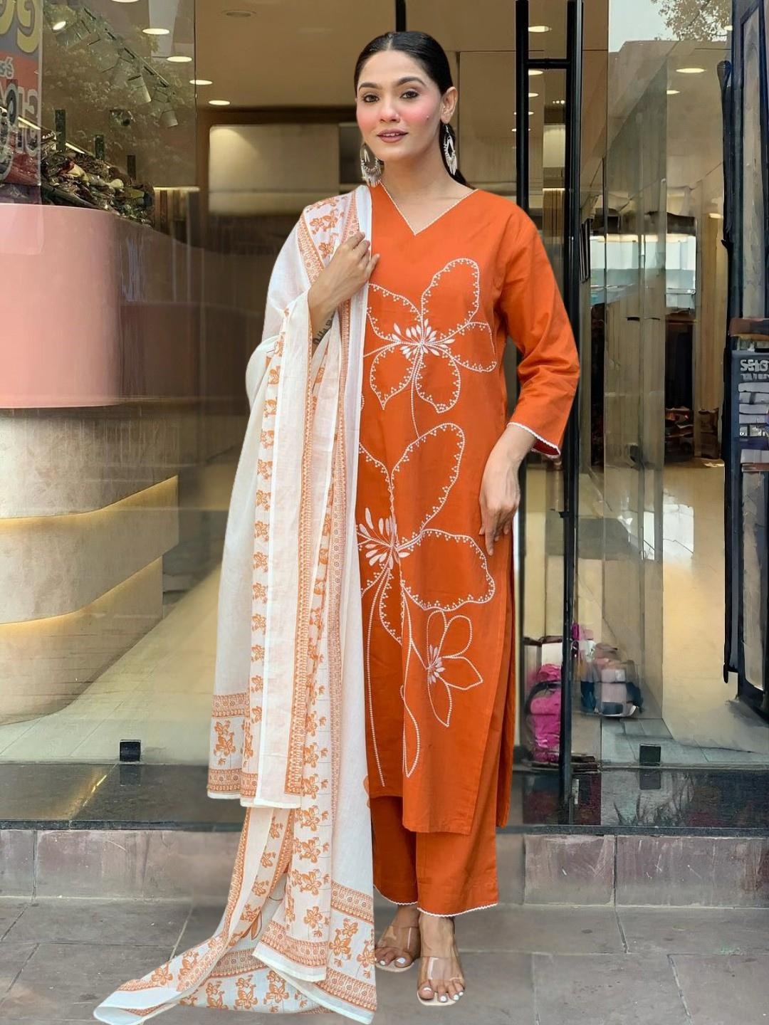 Buy Orange Chanderi Visocse Printed Straight Kurta With Chanderi ...
