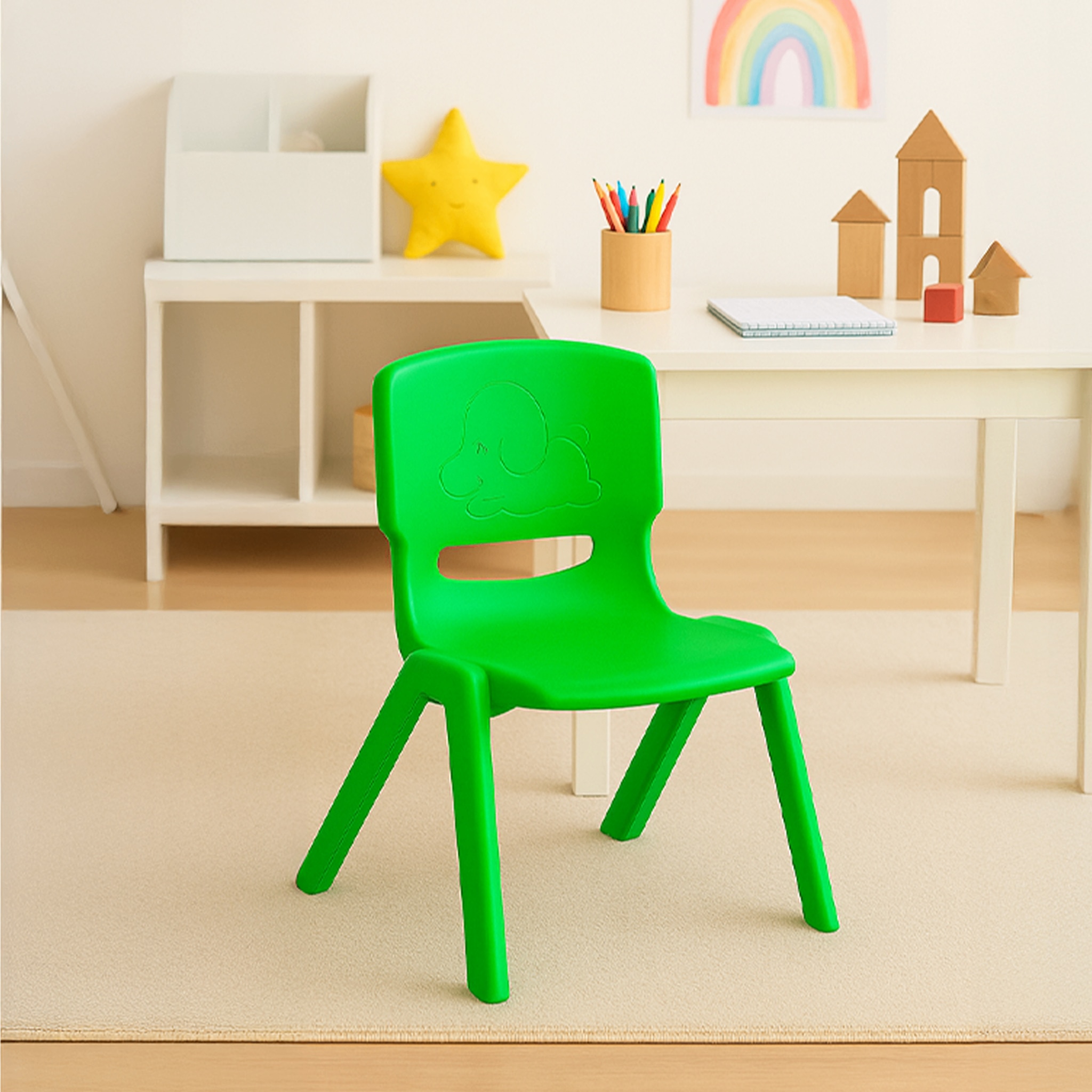 HAPPY BEAR Kids Plastic Study Chair – Green, Ages 2–10