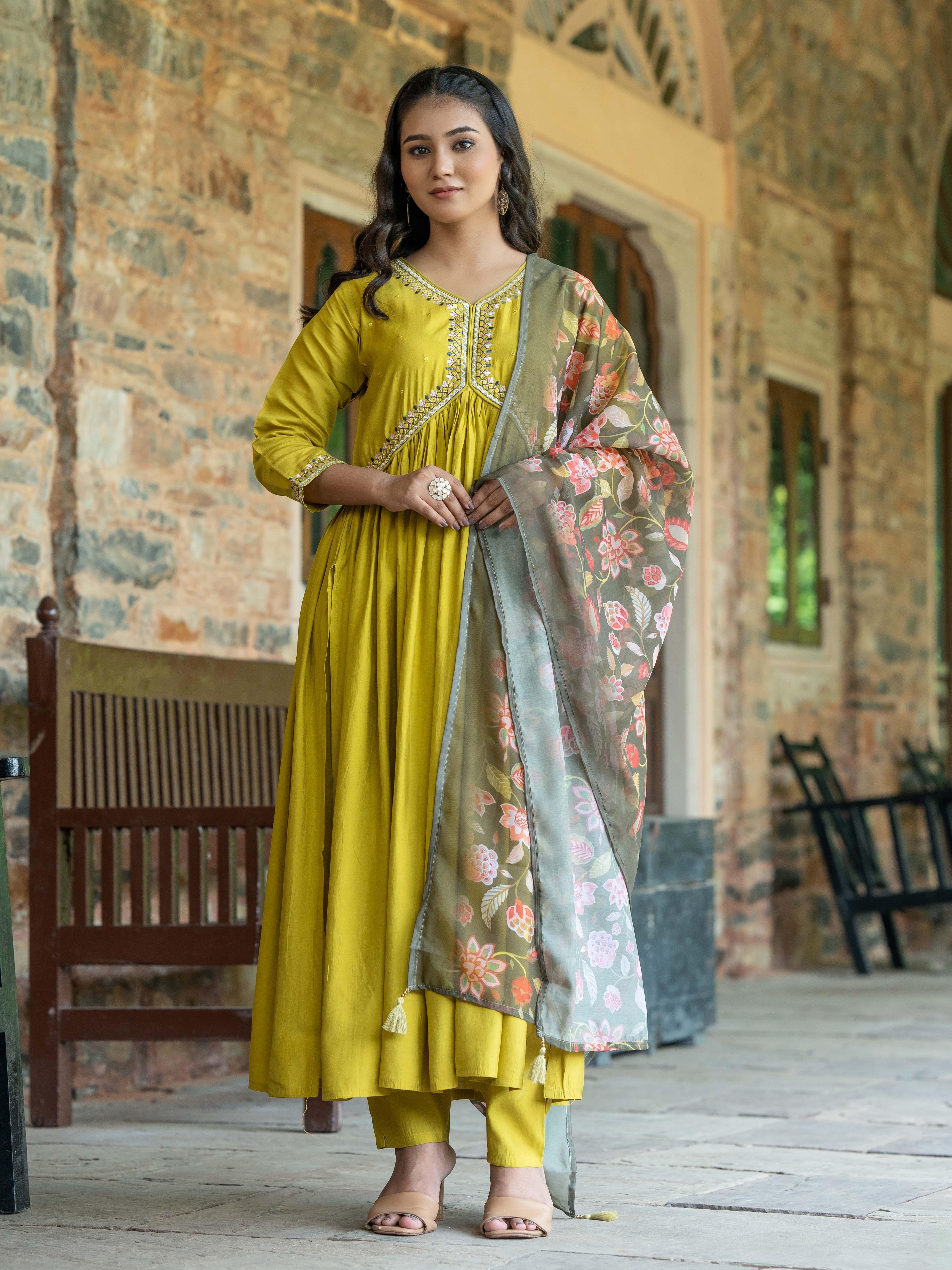 Buy Lemon Viscose Silk Embroidered Flared Kurta With Silk Pant ...