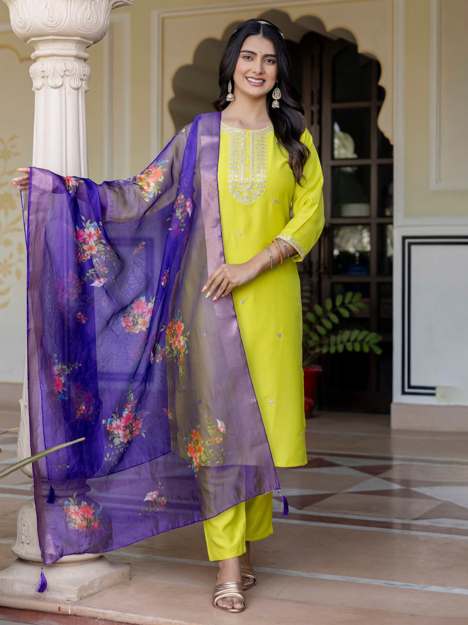 Buy Lemon Chinon Embroidered Straight Kurta With Chinon Pant & Organza ...