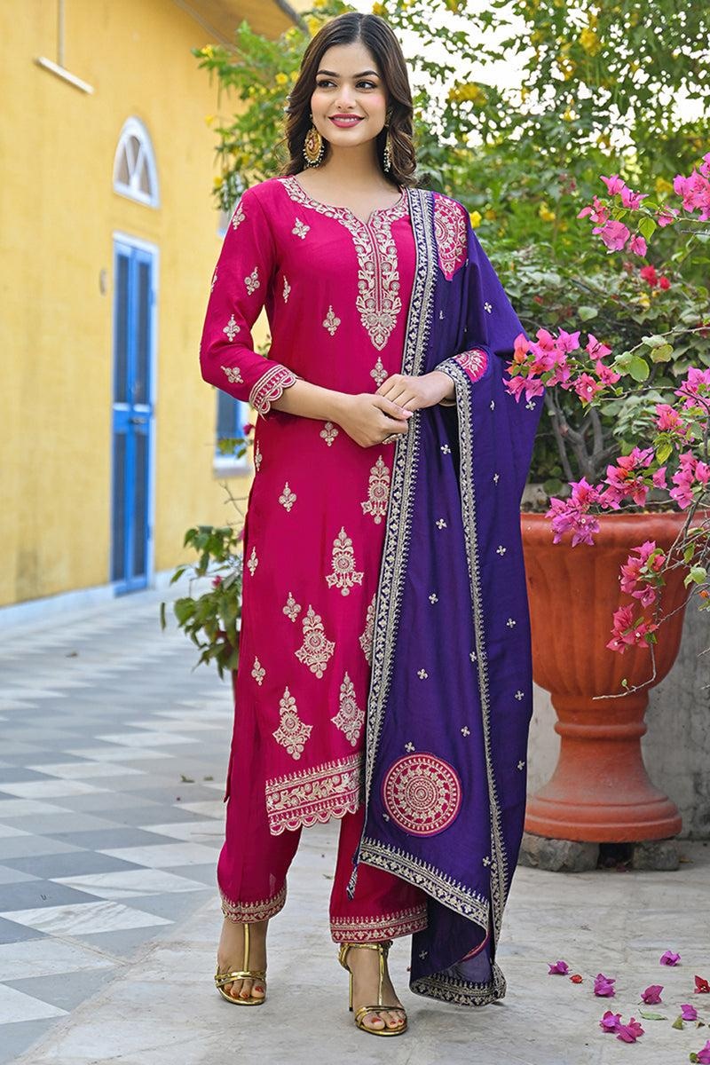 Buy Pink Silk Blend Solid Embroidered Straight Trouser Suit Set | Vaamsi