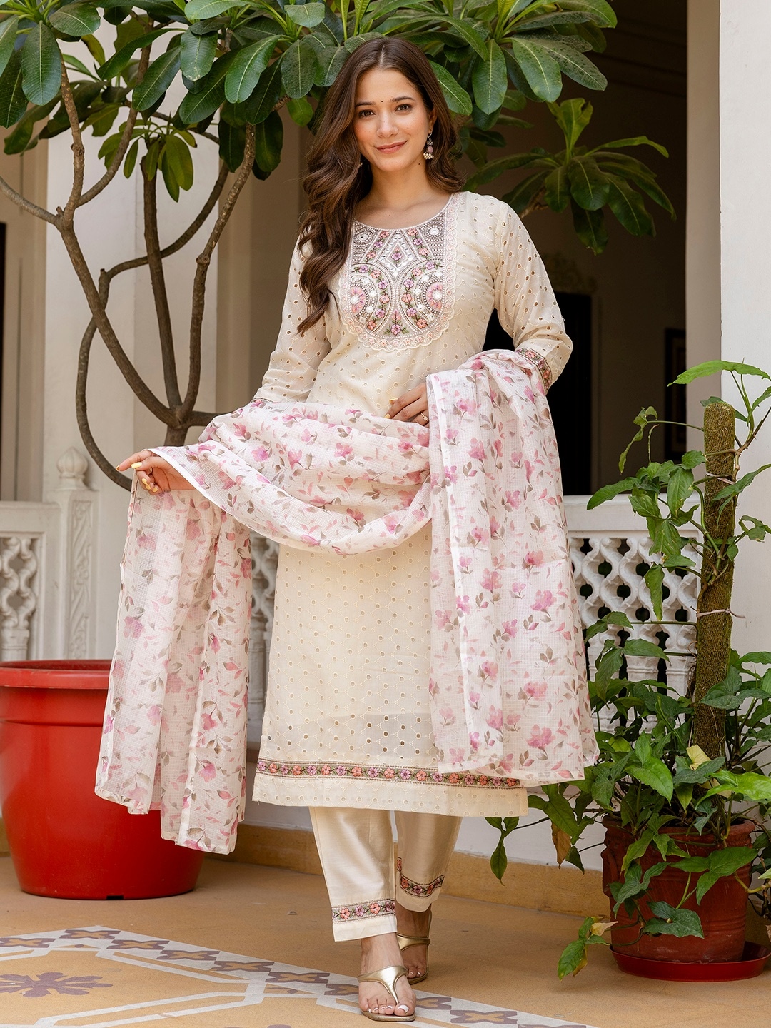Buy Cream Cotton Embroidered Straight Kurta With Chanderi Viscose Pant ...