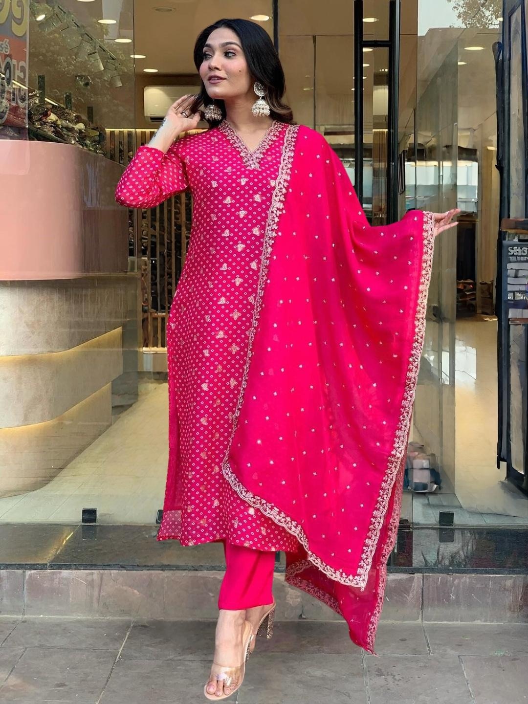 Buy Pink Silk Blend Embroidered And Printed Straight Kurta With Rayon ...