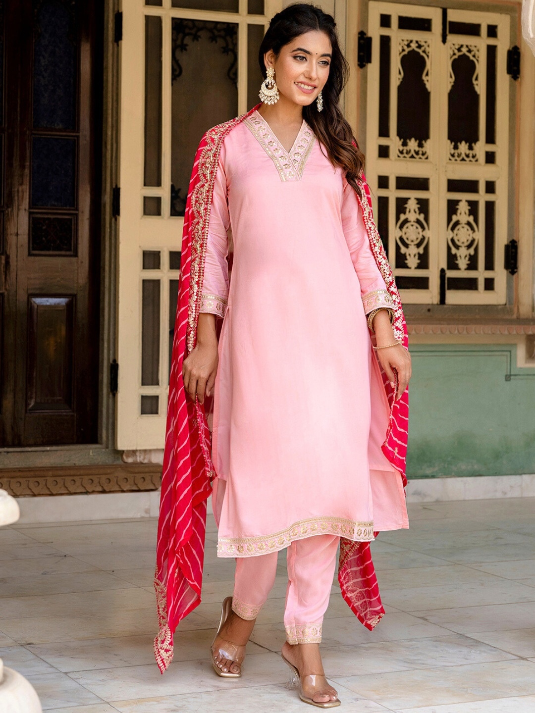 Buy Pink Rayon Embroidered Straight Kurta With Rayon Pant And Silk ...