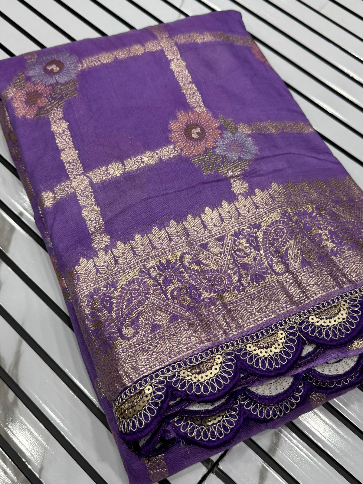 Buy Purple Dola Silk Saree with Scalloped Sequin Border | Kyara Collection
