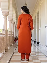 Buy Rust Embroidered Viscose Kurta Set With Viscose Pants & Silk Blend ...