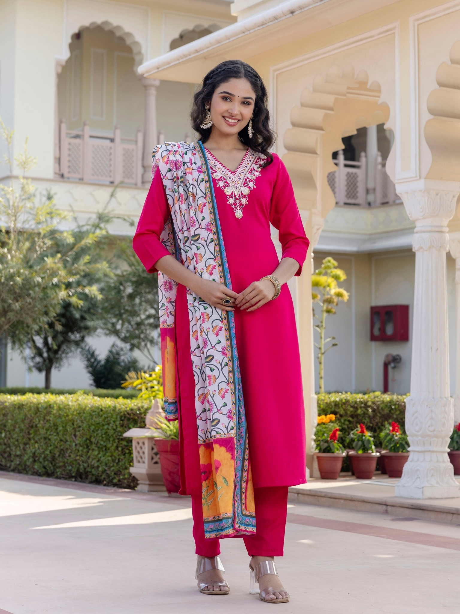 Buy Pink Rayon Embroidered Straight Kurta With Rayon Pant And Silk ...