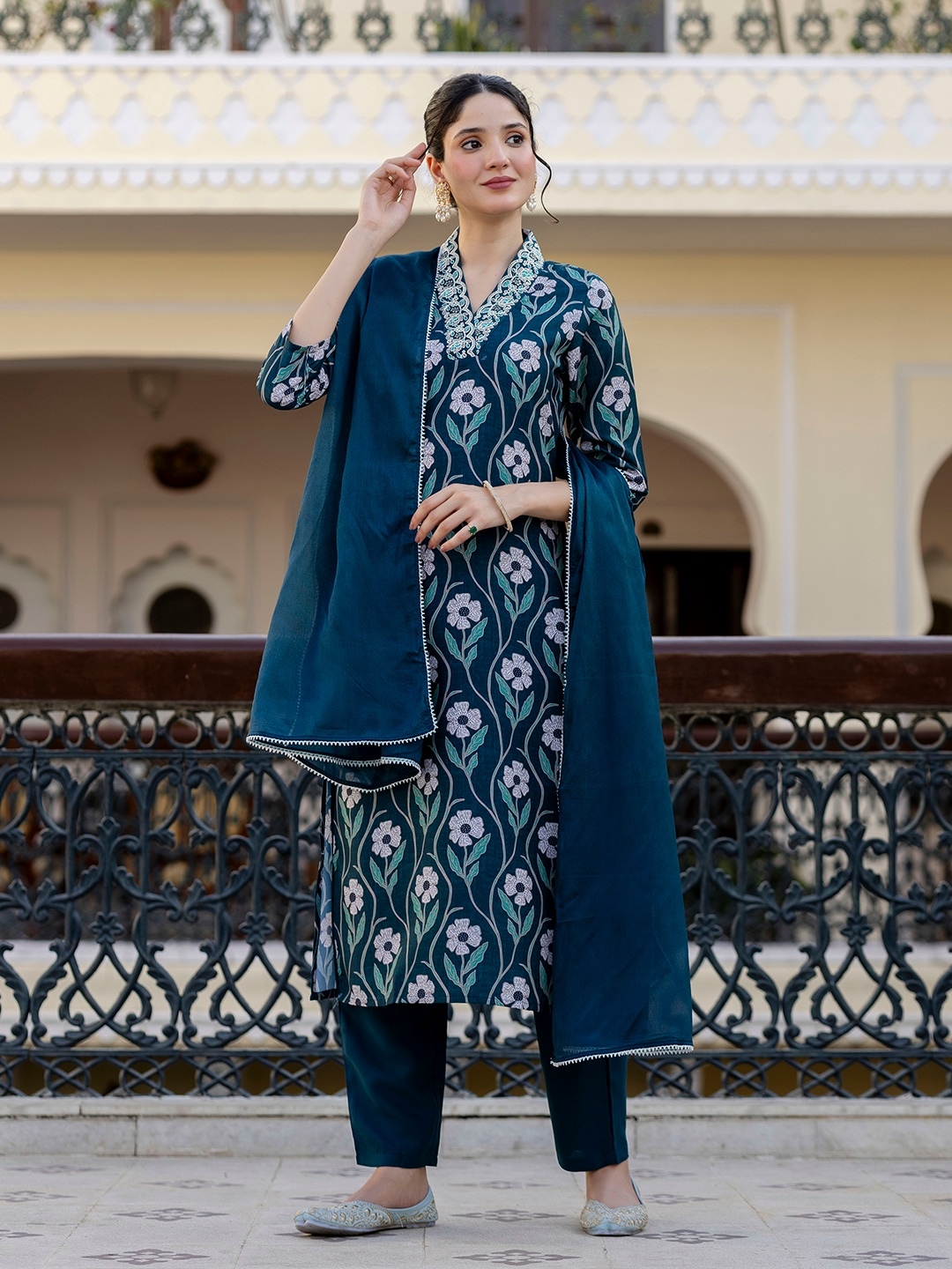 Buy Blue Rayon Printed Straight Kurta With Rayon Pant And Chinon ...