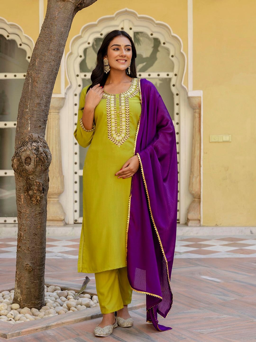 Buy Lemon Rayon Slub Embroidered Straight Kurta With Rayon Slub Pant ...