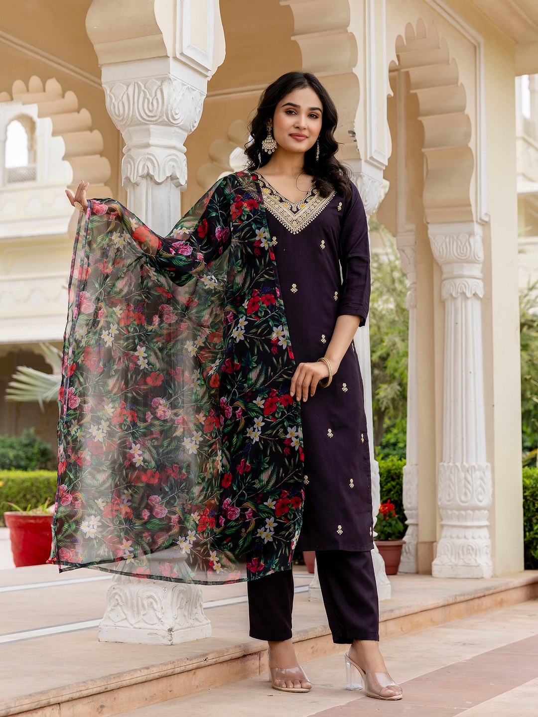 Rayon Slub Embroidered Straight Kurata Set - NAVLIK