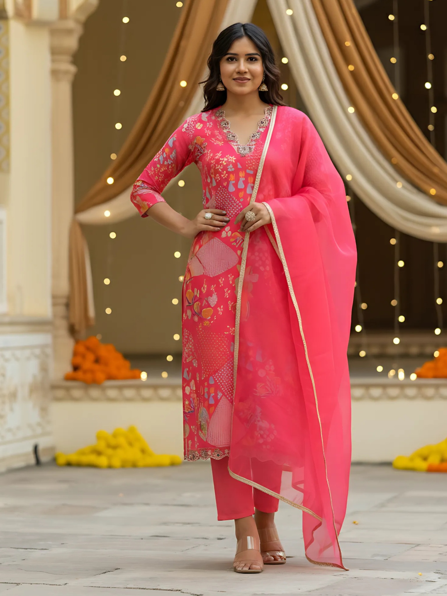 Buy Pink Rayon Embroidered And Printed Straight Kurta With Rayon Pant ...