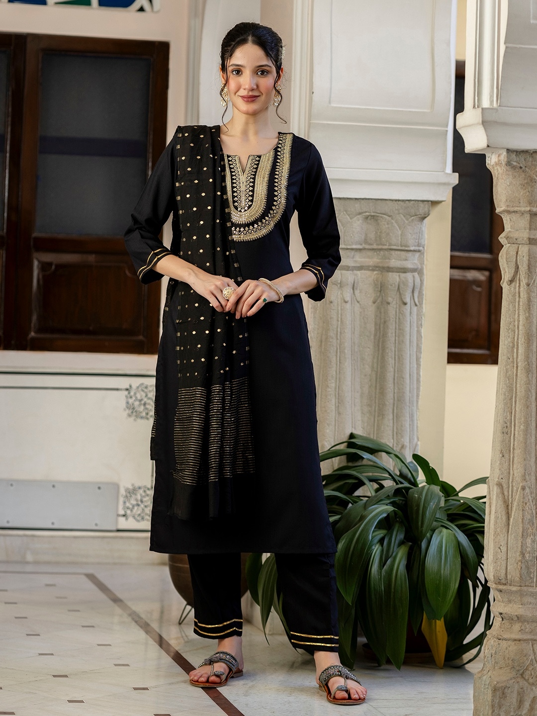 Buy Black Cotton Blend Embroidered Straight Kurta Set with Pant ...