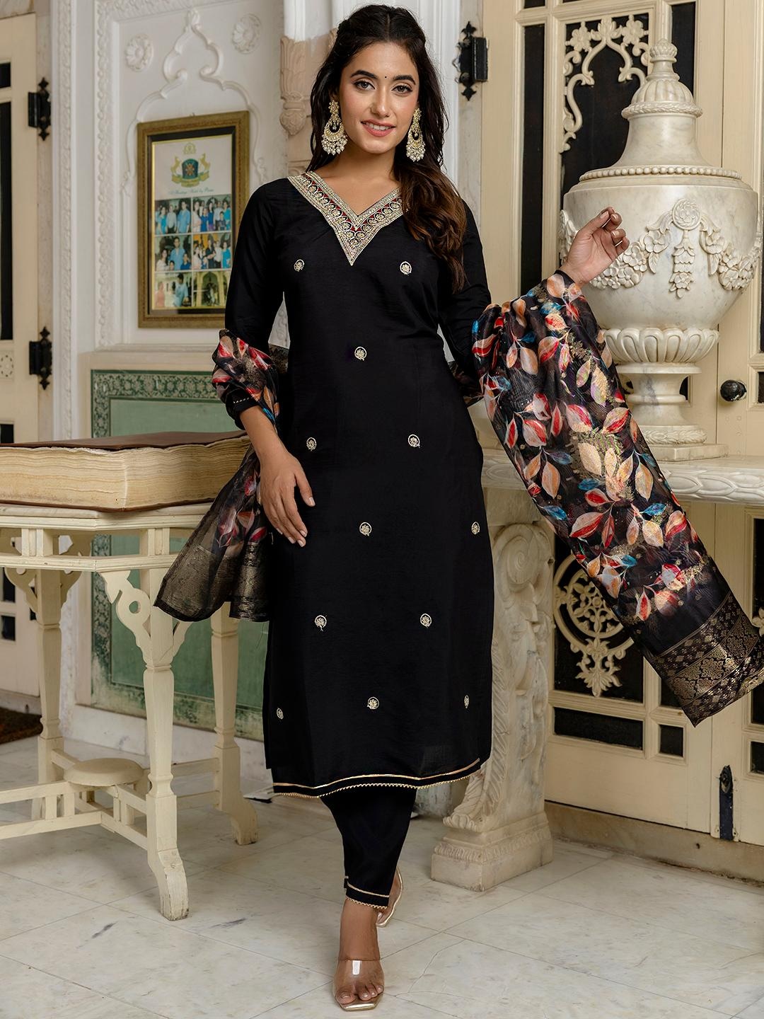 Buy Black Rayon Slub Embroidered Straight Kurta With Rayon Slub Pant ...