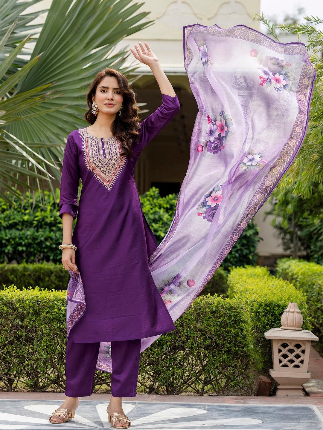 Buy Purple Rayon Embroidered Straight Kurta With Rayon Pant And Cotton ...