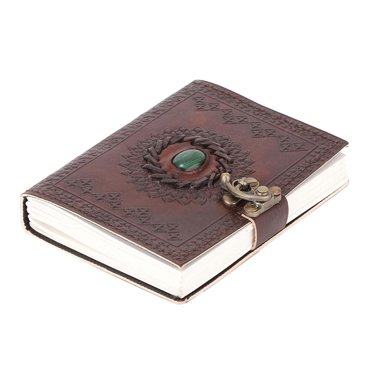 Buy Real Leather Green Stone Brown Embossed Handmade Diary with Metal ...