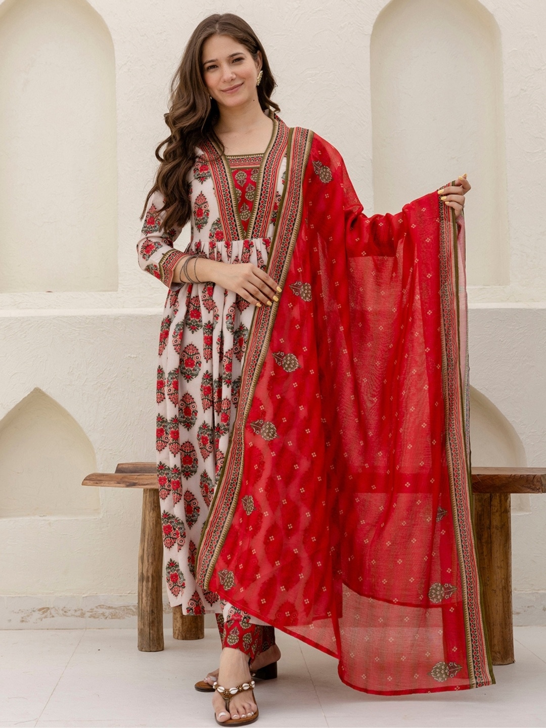 Buy Cream Rayon Printed Flared Kurta With Rayon Pant And Linen Printed ...