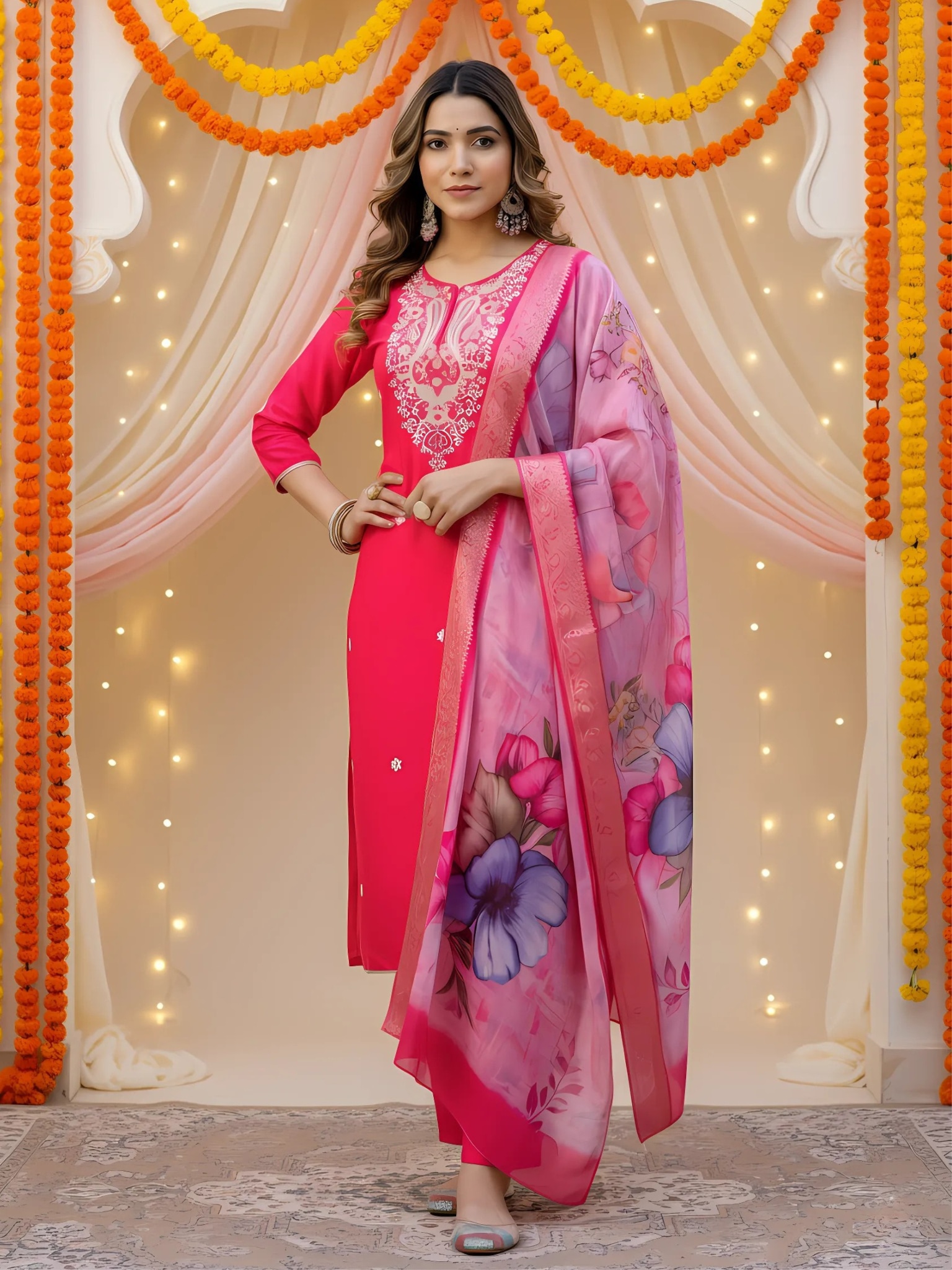 Buy Pink Viscose Embroidered Straight Kurta With Viscose Pant And ...