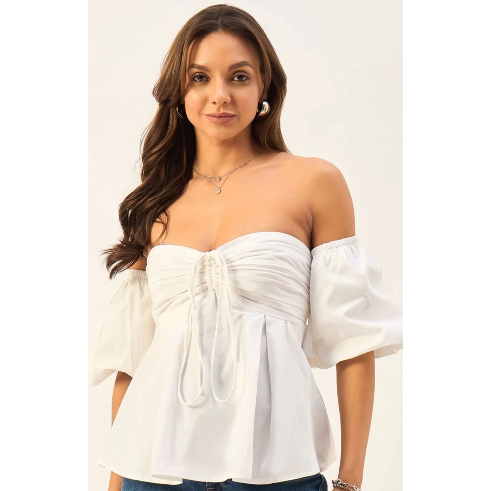 Buy Drape & Dazzle Strapless Puff Sleeve Bardot Top in White & Purple | Femstyle