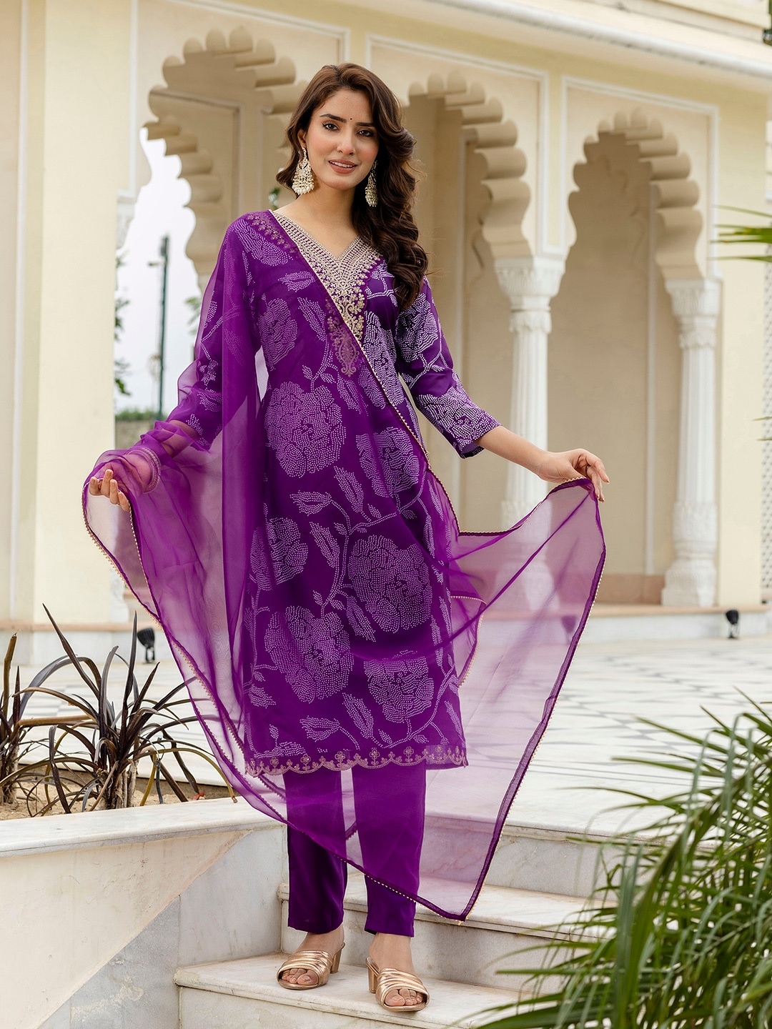 Buy Purple Rayon Embroidered Straight Kurta With Rayon Pant And Organza ...