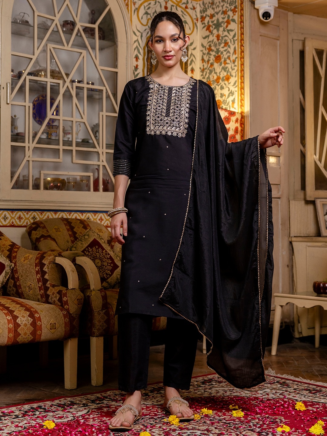 Buy Black Rayon Slub Embroidered Straight Kurta With Rayon Slub Pant ...