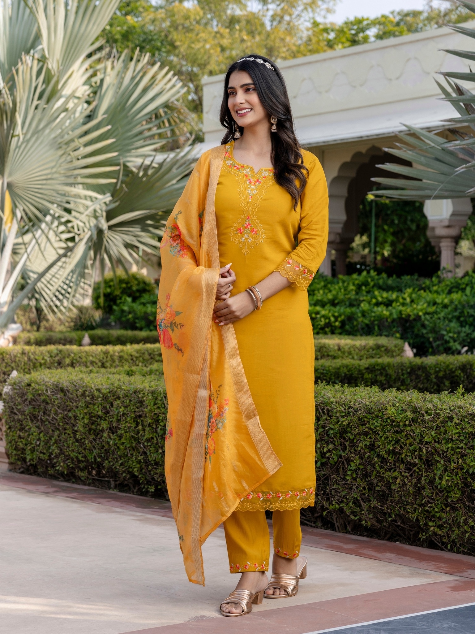 Buy Mustrad Roman Silk Embroidered Straight Kurta With Roman Silk Pant ...