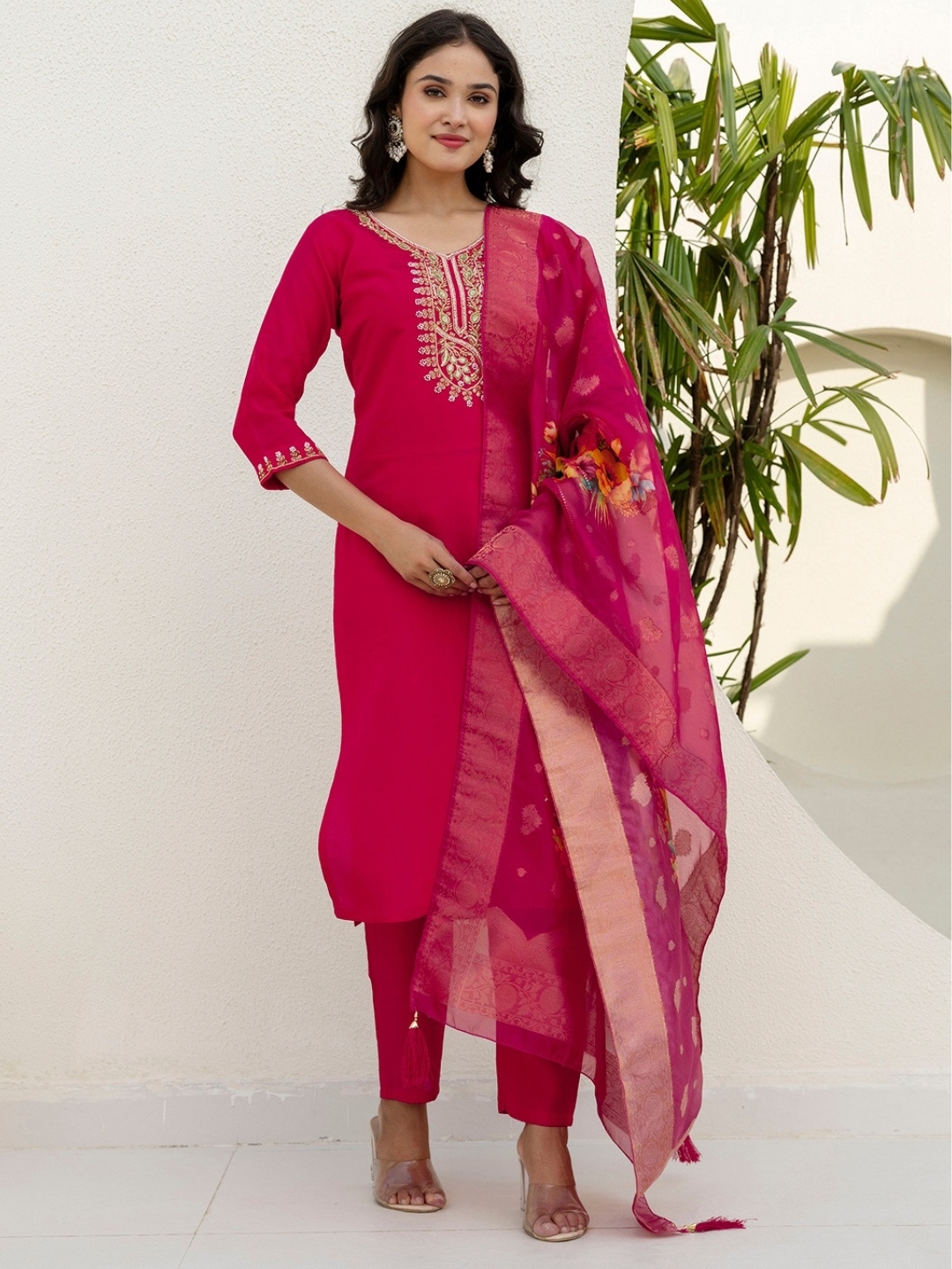 Buy Pink Viscose Embroidered Straight Kurta With Viscose Pant & Organza ...