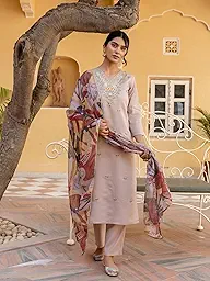 Buy Beige Chanderi With Cotton Lining Embroidered Straight Kurta With ...