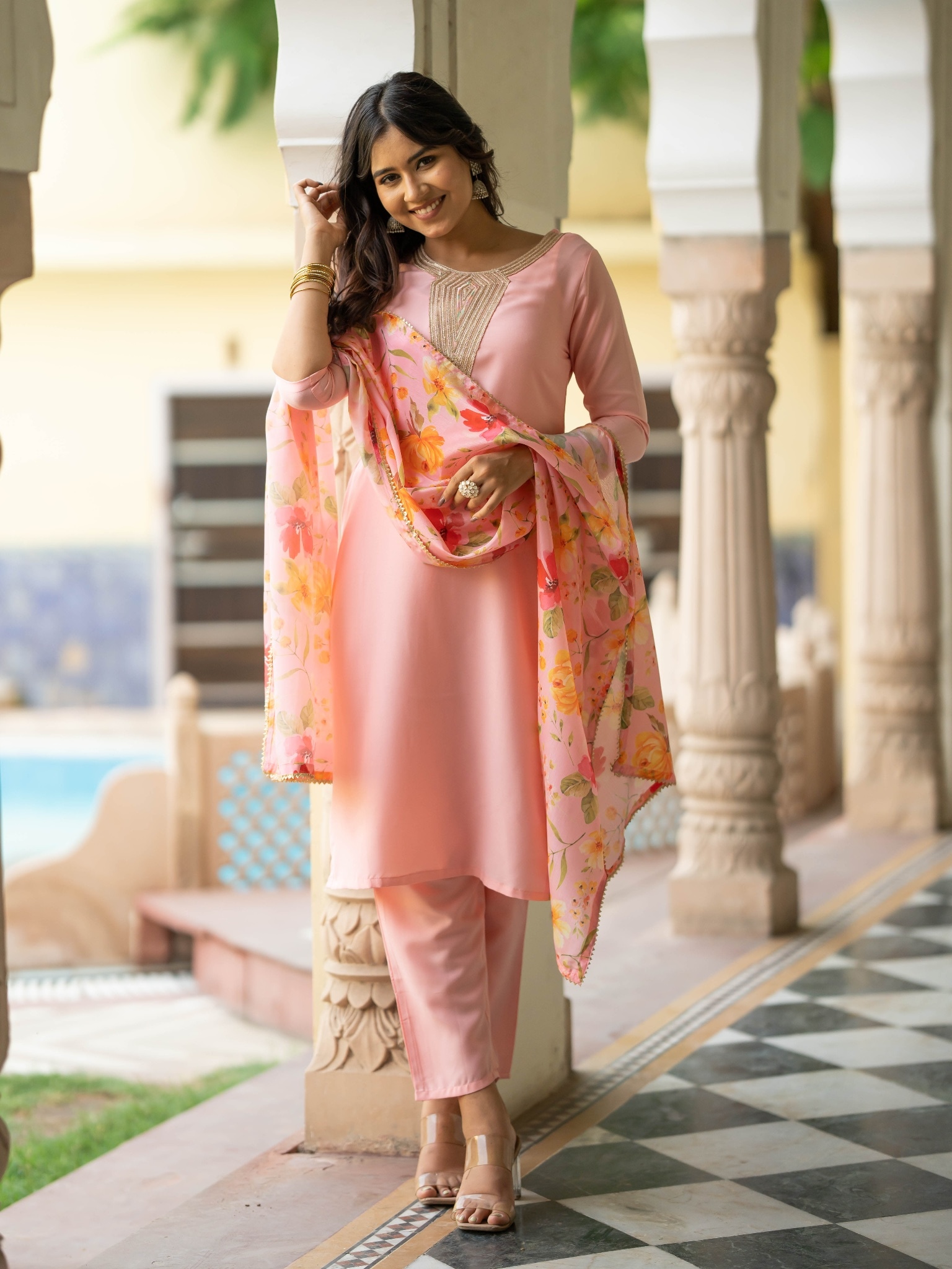 Buy Pink Rayon Embroidered Straight Kurta With Rayon Pant And Chinon ...