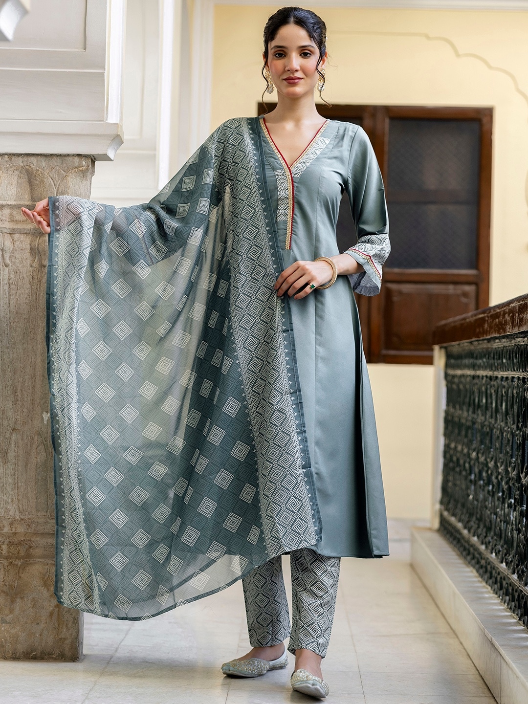 Buy Rayon Embroidered A-Line Kurta With Rayon Pant And Cotton Silk ...