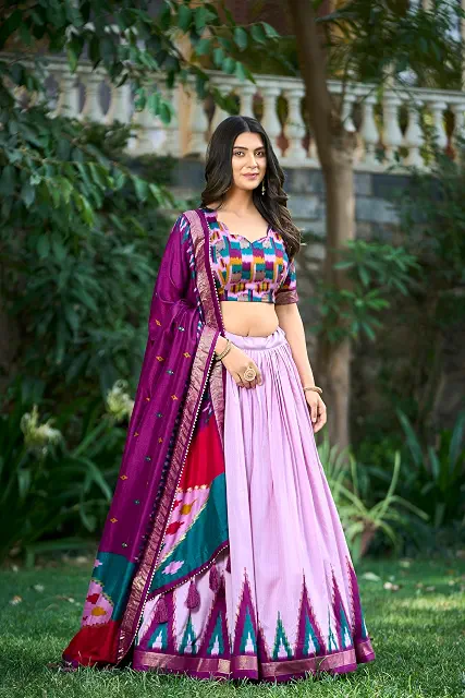 Light Purple Tussar Silk Printed Navratri Lehenga Choli For Women