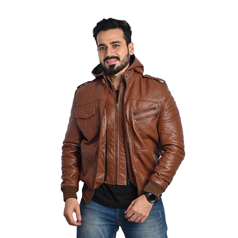 Buy Men's Hooded Leather Jacket - Multi-Pocket Design with Left and ...