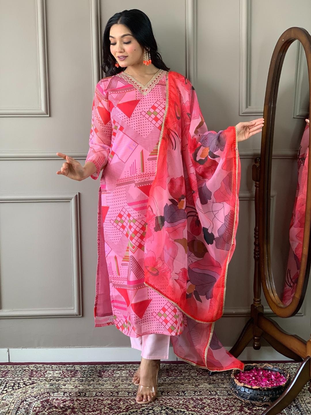Buy Pink Viscose Silk Embroidered Printed Kurta With Silk Pant ...