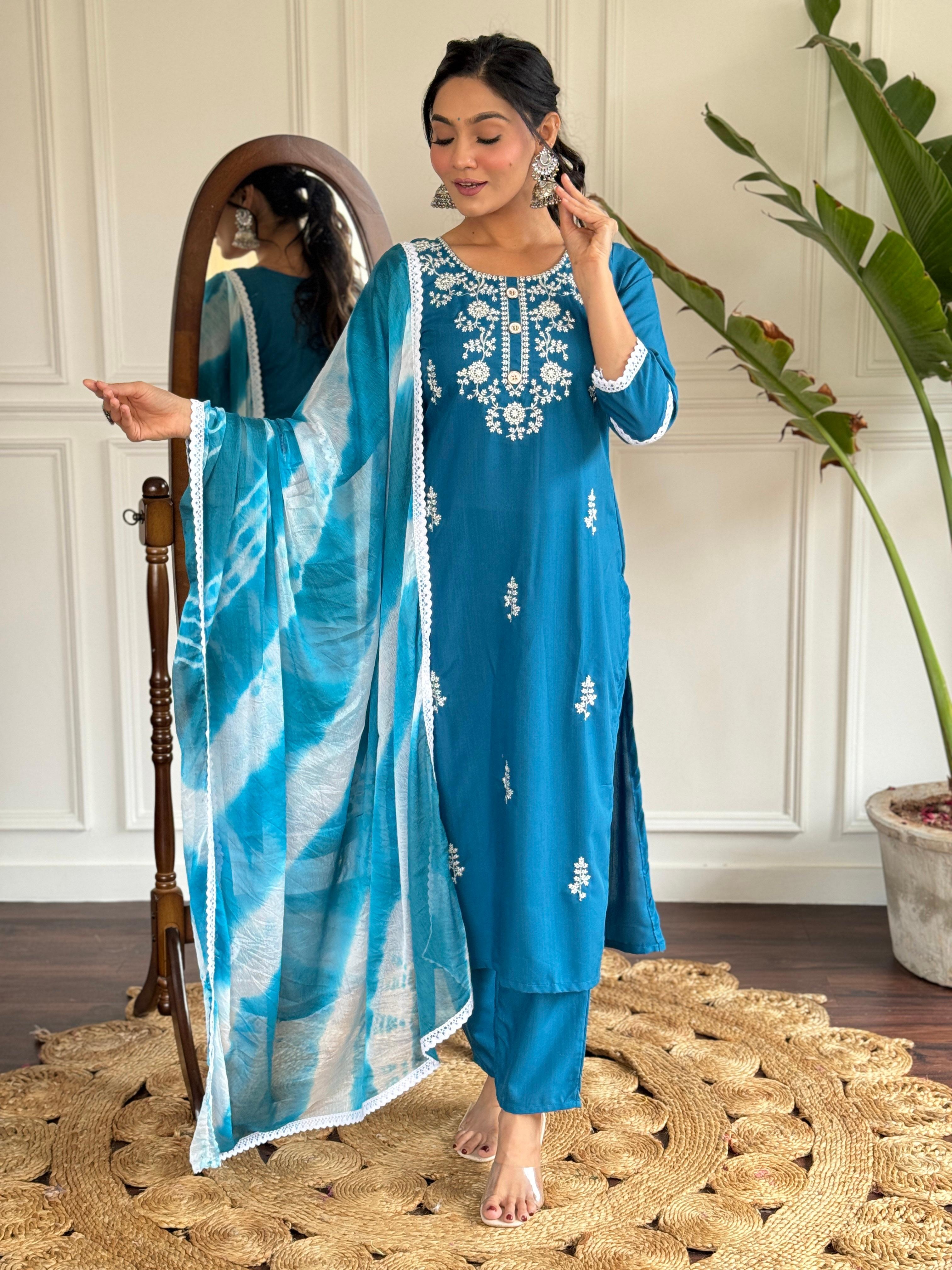 Buy Blue Rayon Slub Embroidered Straight Kurta With Rayon Slub Pant And ...