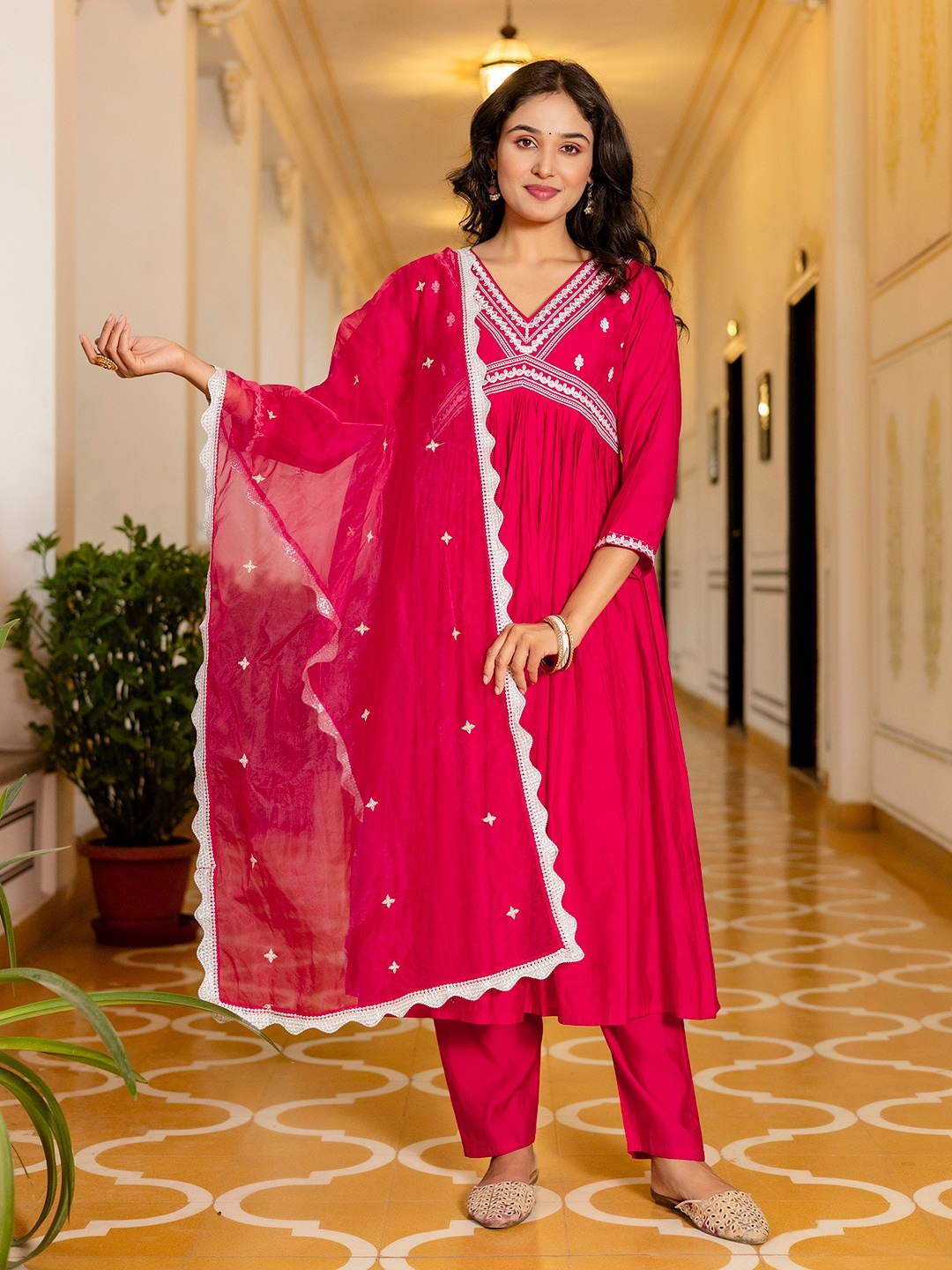 Buy Pink Chanderi Silk Embroidered Flared Kurta With Chanderi Silk Pant ...