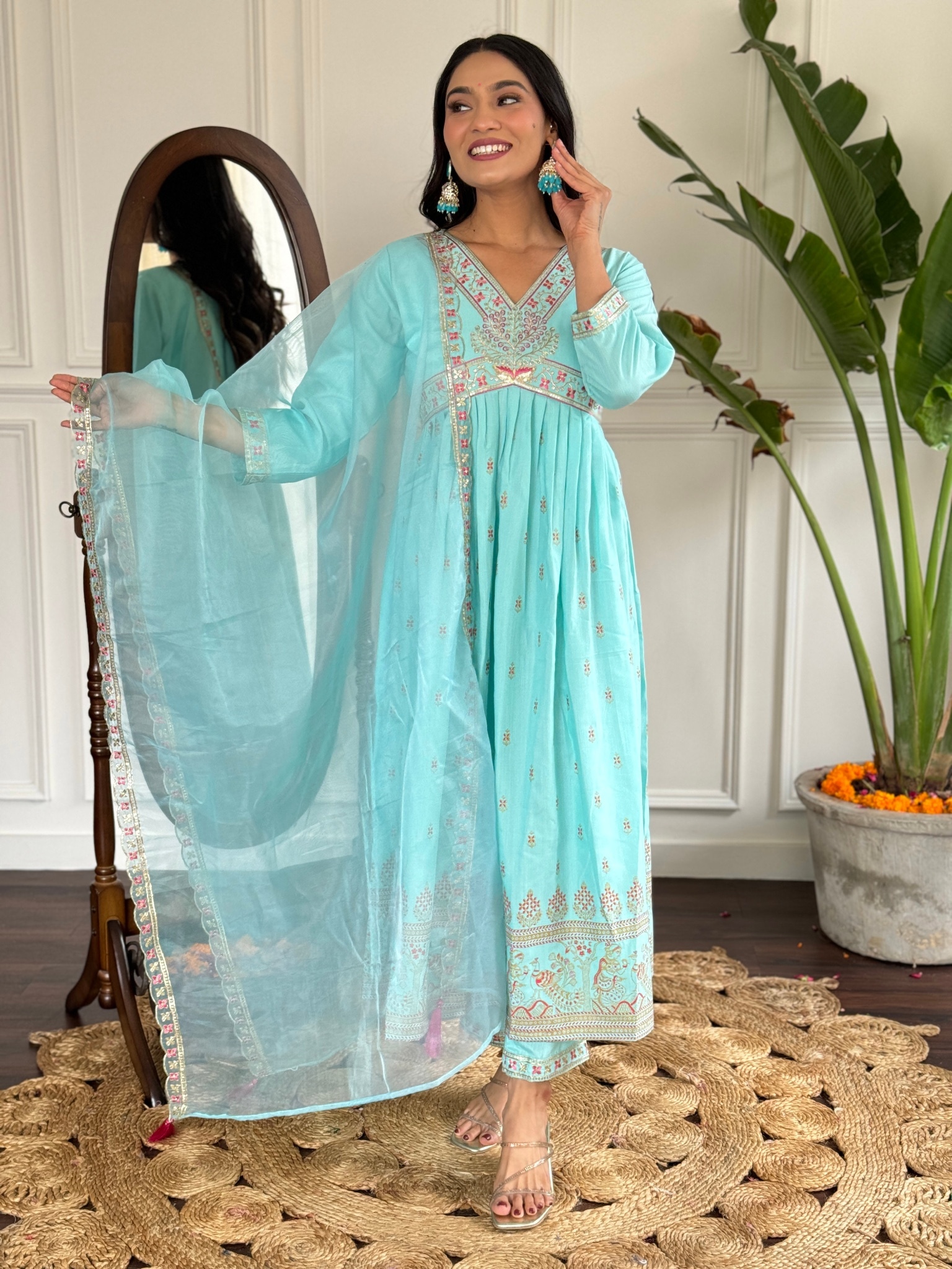 Buy Sky Rayon Slub Embroidered Flared Kurta With Rayon Slub Pant And ...